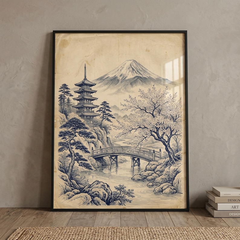 Vintage Japanese Ink Drawing Print, Coastal Landscape Poster (digital ...