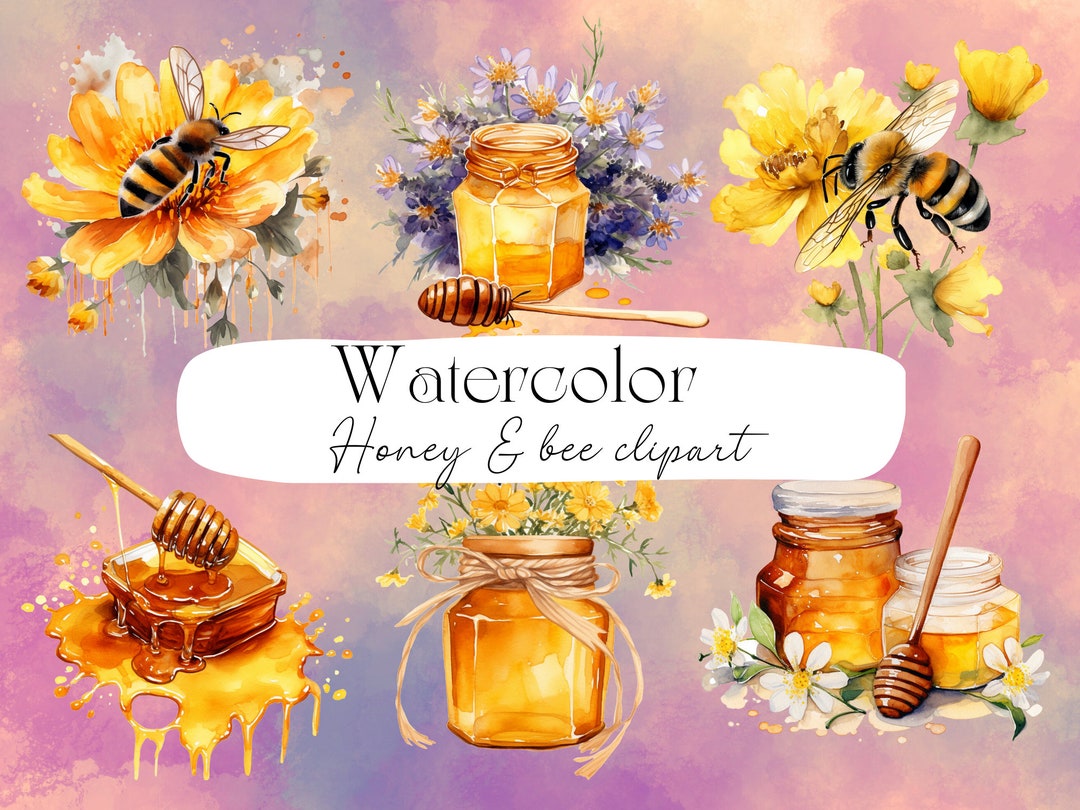 25 PNG Watercolor Honey and Bee Clipart, Spring Decor, Instant Download ...