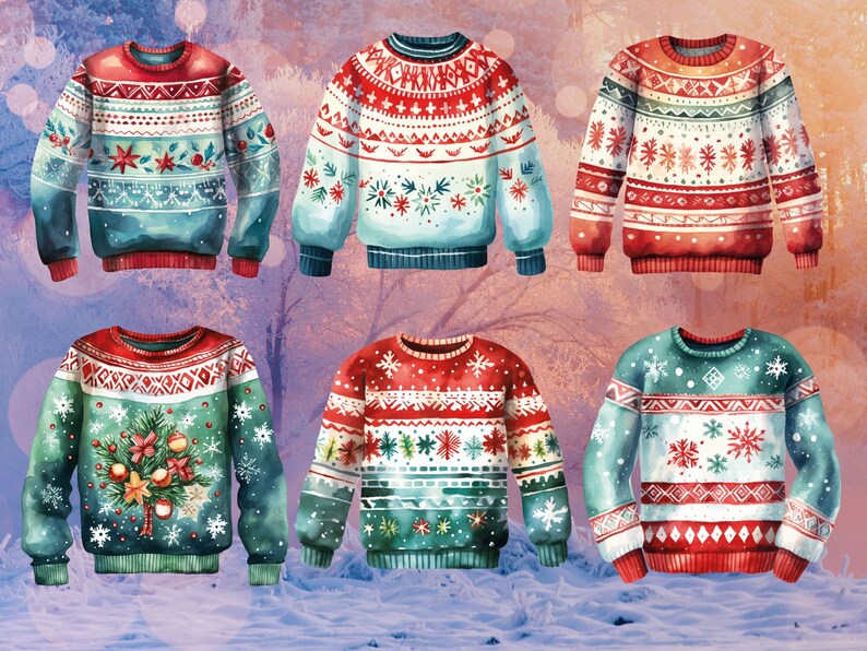 24 Watercolor Christmas Clothes Clipart PNG, Ugly Christmas Sweater ...