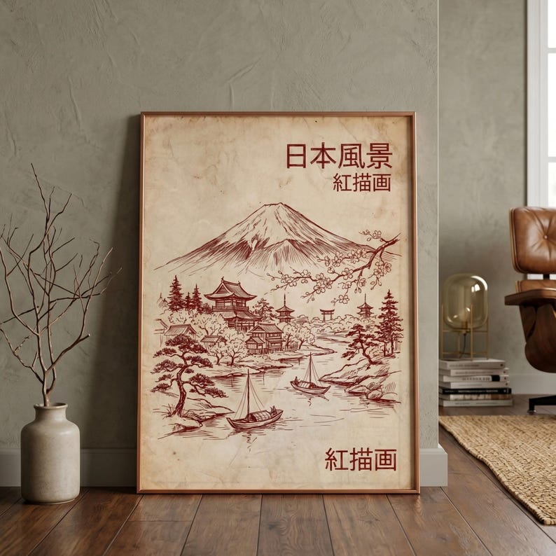 Vintage Japanese Ink Drawing Print, Coastal Landscape Poster (digital ...