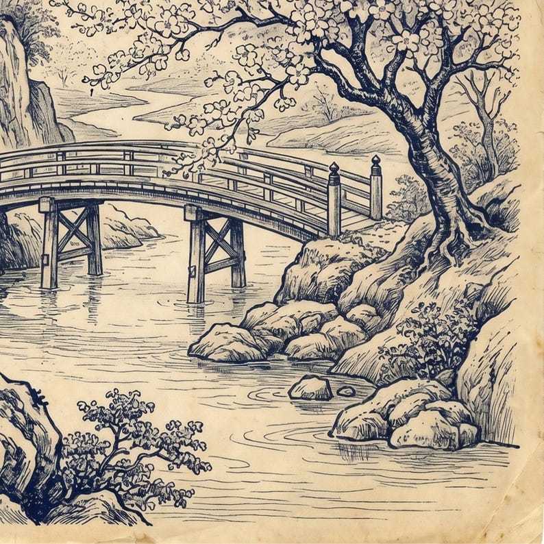 Vintage Japanese Ink Drawing Print, Coastal Landscape Poster (digital ...