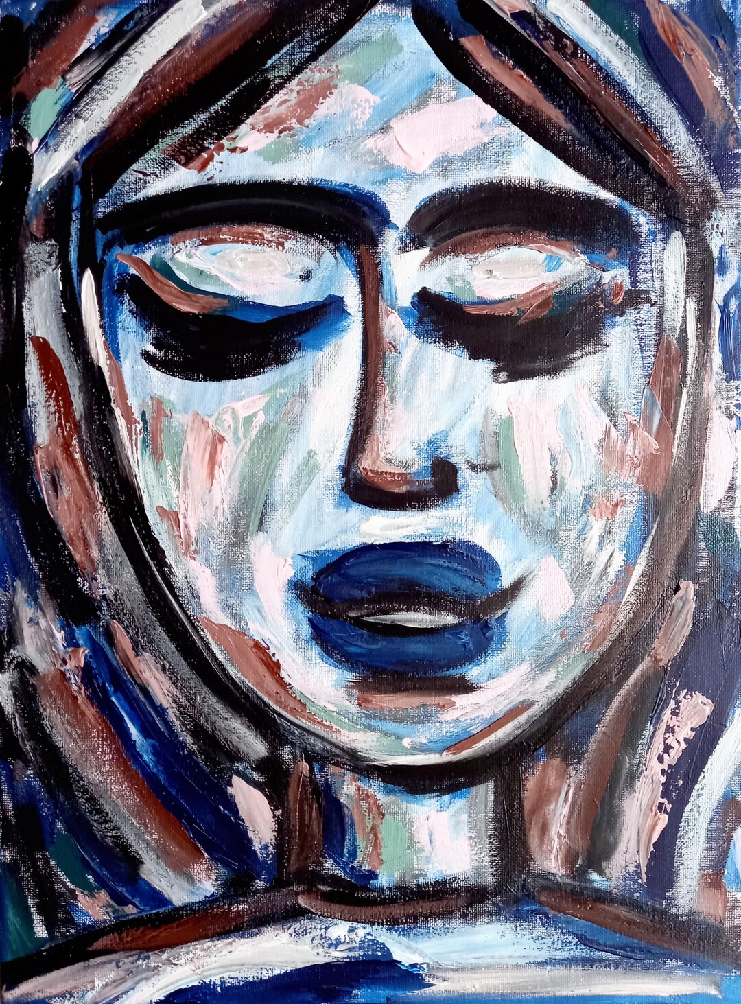 Blue Woman Painting Abstract Portrait Woman Painting Mysterious ...