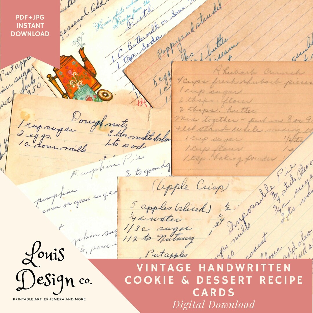 Digital Download Vintage Cookie & Dessert Recipe Cards, Printable ...