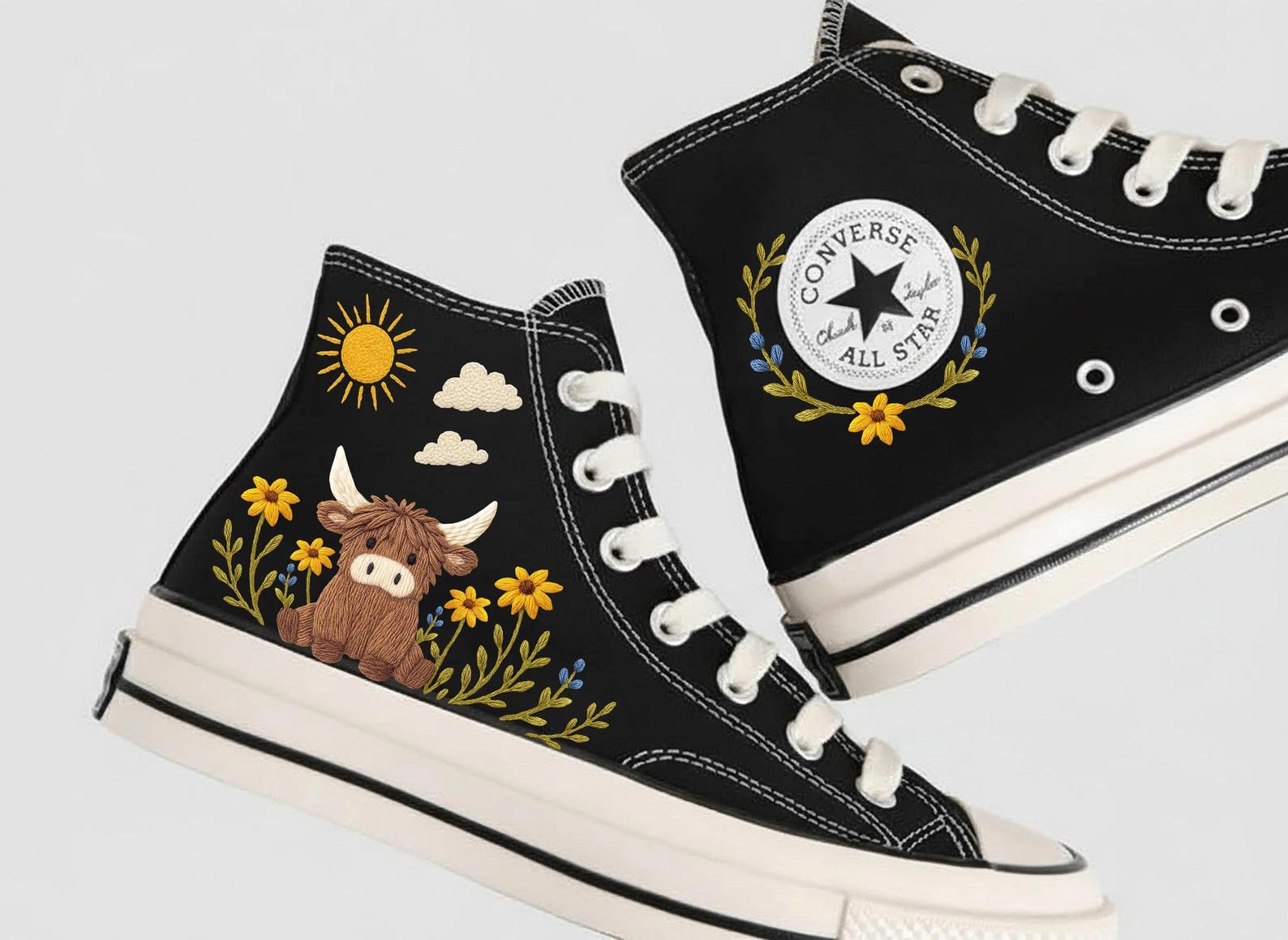 Embroidered Cow and Floral Converse Chuck Taylor: Custom Farm Animal ...