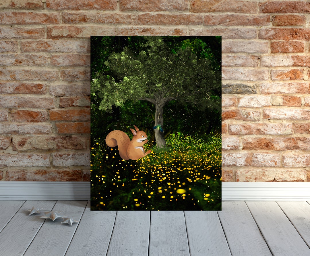 Fireflies and Squirrel, Firefly Wall Art, Firefly Art Print, Night ...