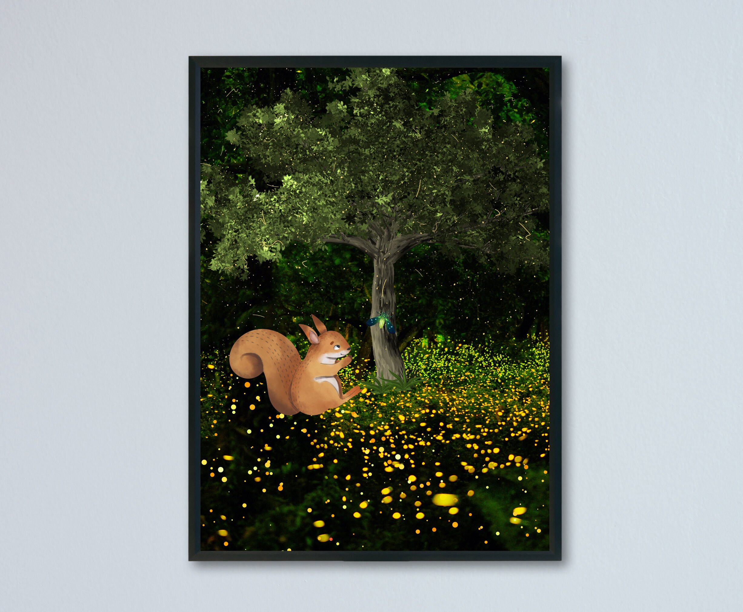 Fireflies and Squirrel, Firefly Wall Art, Firefly Art Print, Night ...