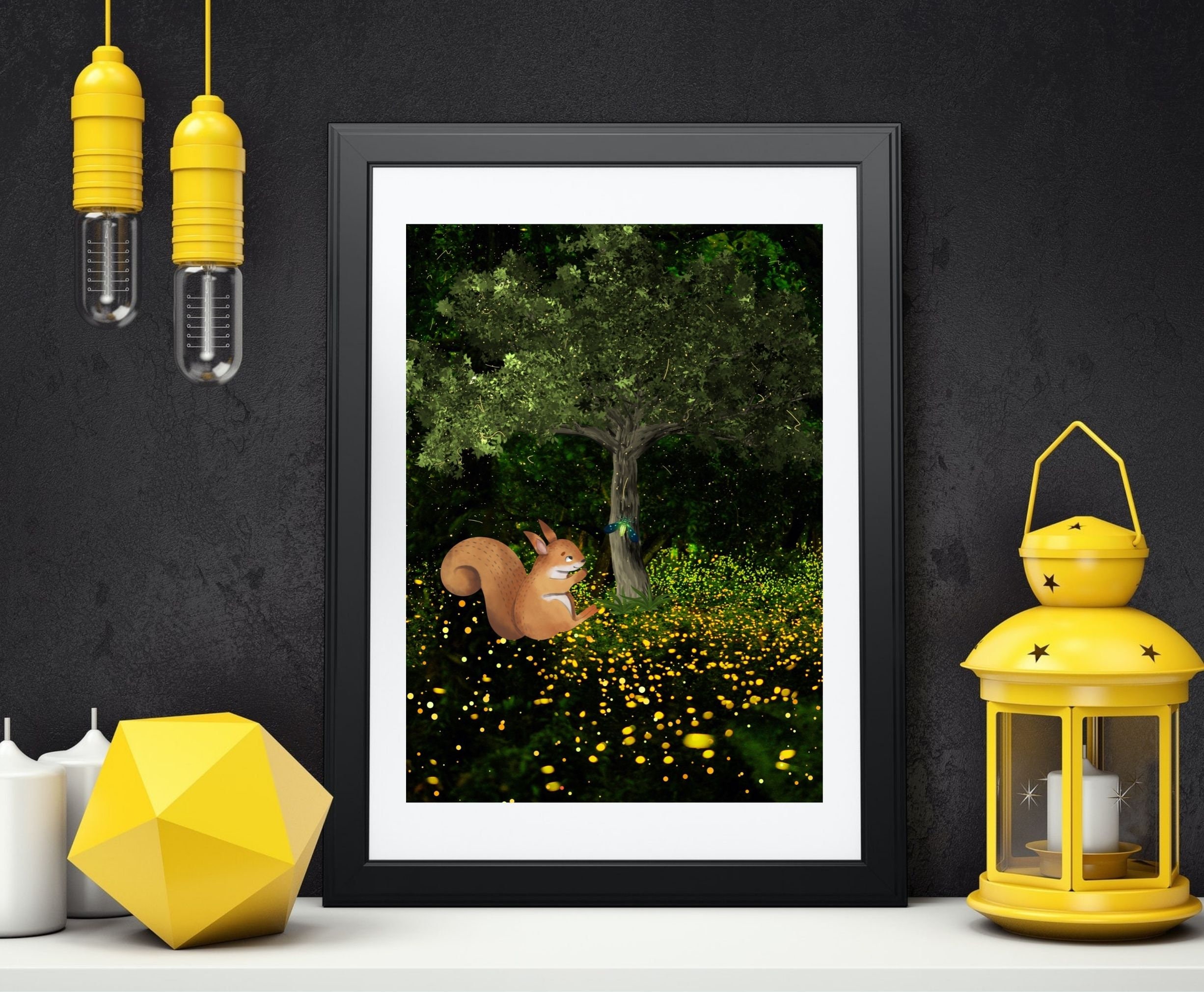 Fireflies and Squirrel, Firefly Wall Art, Firefly Art Print, Night ...