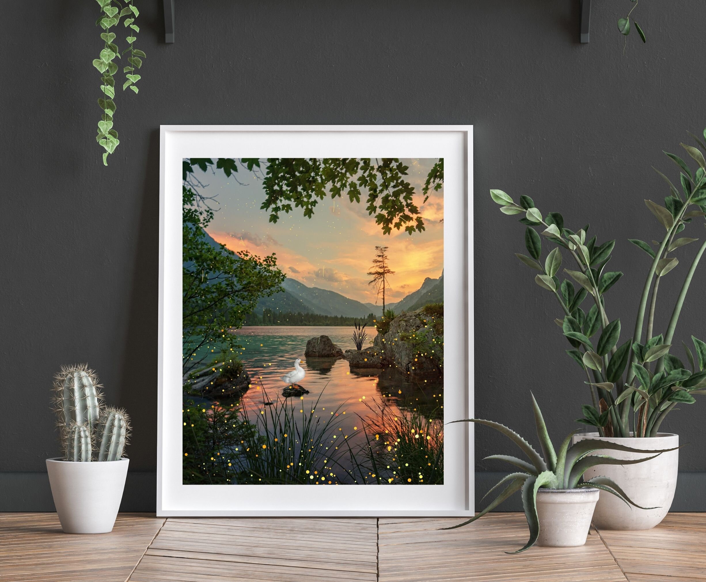 Fireflies in the Lake, Firefly Wall Art, Night Landscape Print, Firefly ...