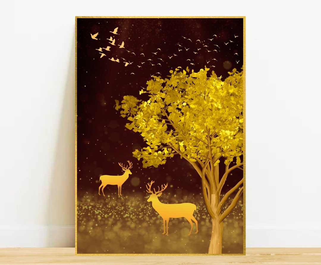 Golden Tree & Deer Wall Art, Abstract Tree Print, Golden Deer Print ...