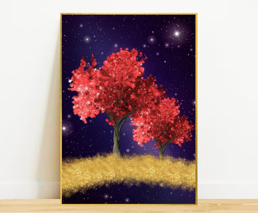 Two Red Maple Tree Wall Art Black and Gold Wall Art Maple - Etsy