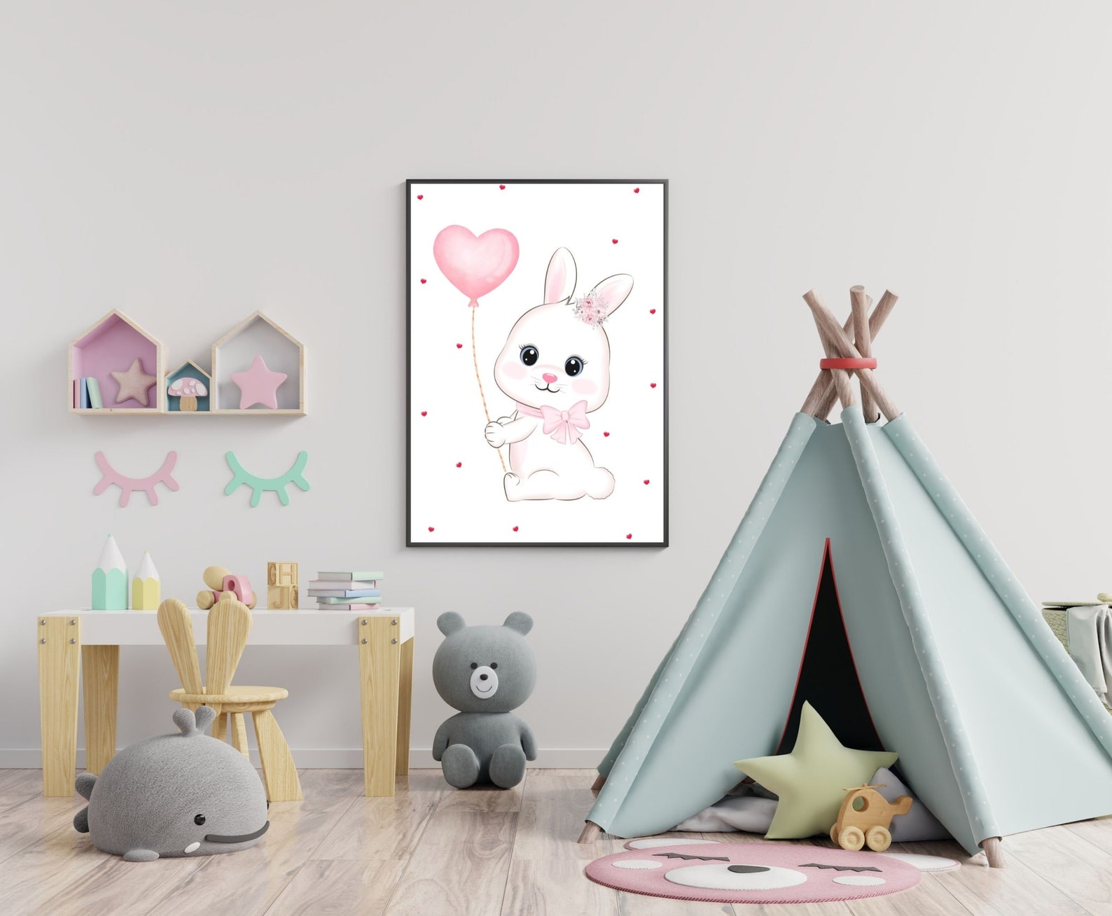 Pink Balloon & Rabbit Wall Art Bunny Nursery Print Pink - Etsy