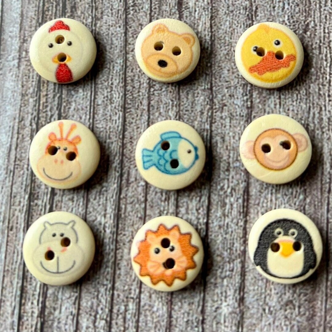 NATURAL WOOD ANIMAL Buttons, 15mm, Cute Buttons, Baby Gift Buttons ...