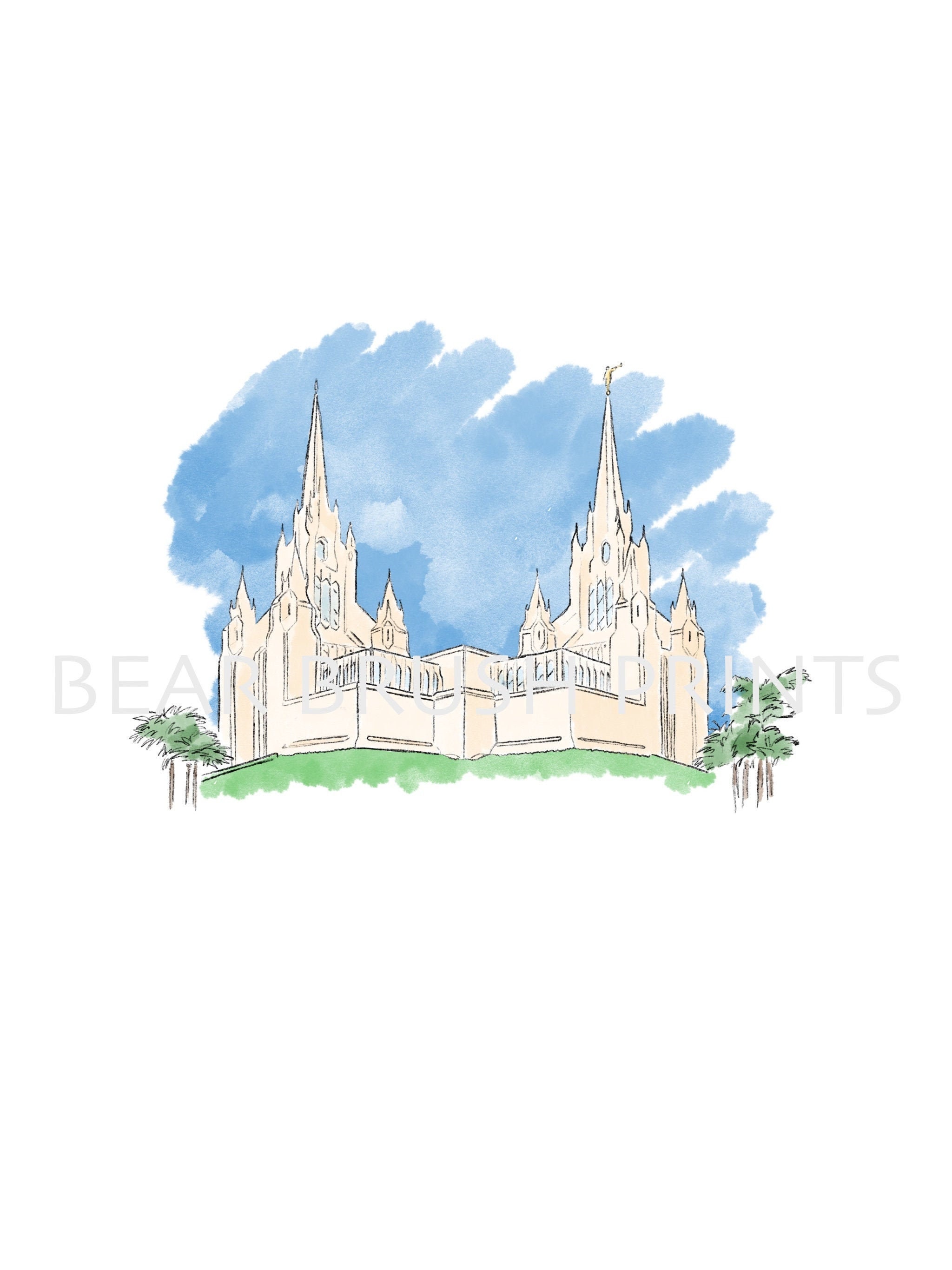 San Diego Temple, LDS, Digital Drawing, Watercolor, Temple Picture ...