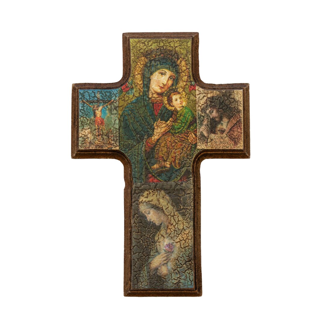 Catholic Wood Wall Cross – Virgin Mary & Saints Art, Crackled Finish - Etsy