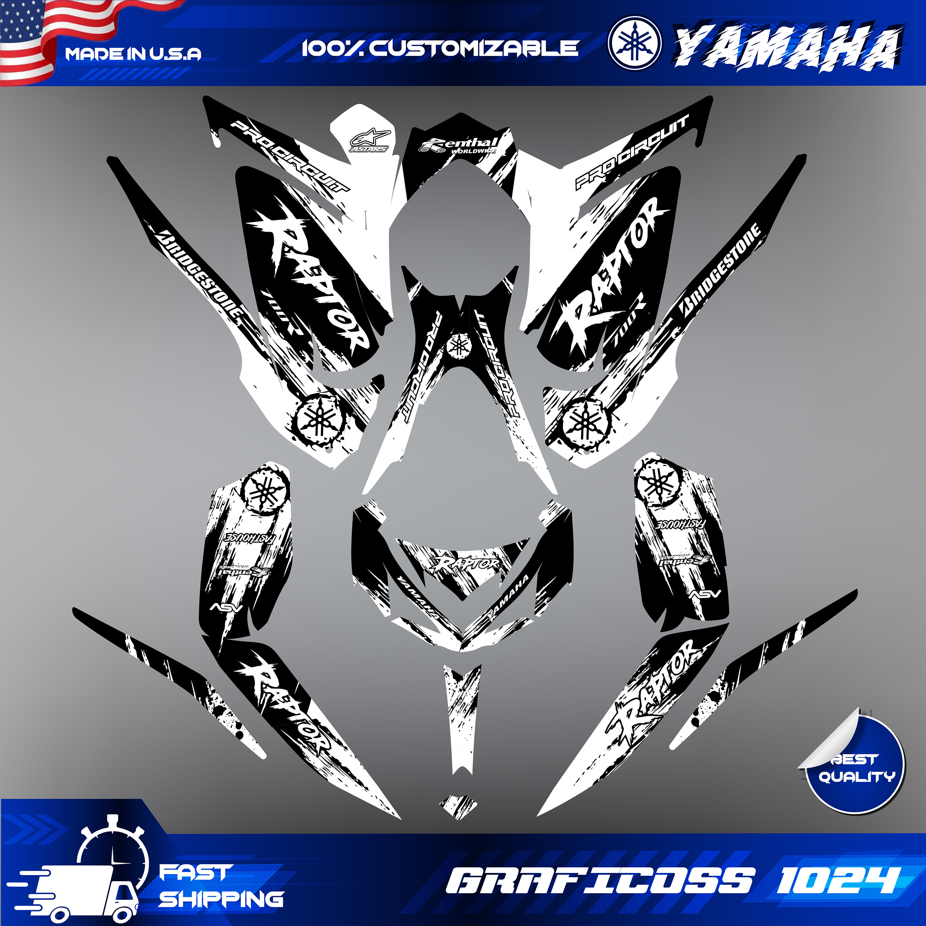 Yamaha Raptor 700 700R Graphics Kit 2013 2017 2022 to 2024 Decals ...