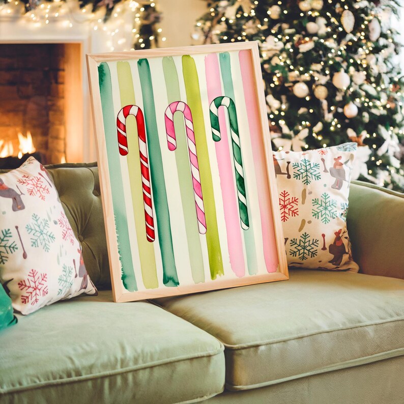 Preppy Christmas Candy Cane Digital Print, Pink and Green Downloadable ...