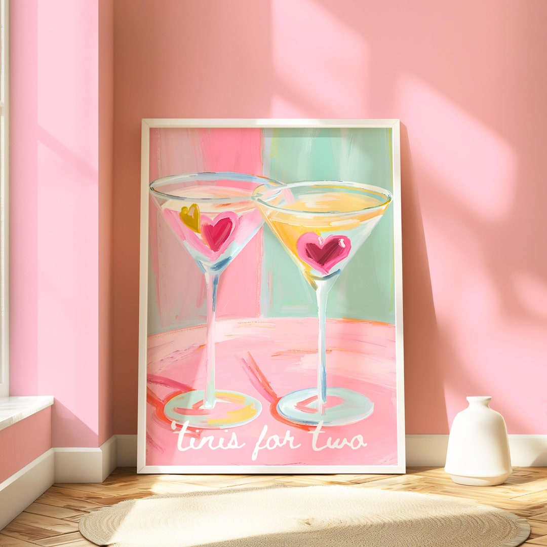 Cute Martini Glass Wall Art, Pink Pastel Cocktail Poster, Tinis for Two ...