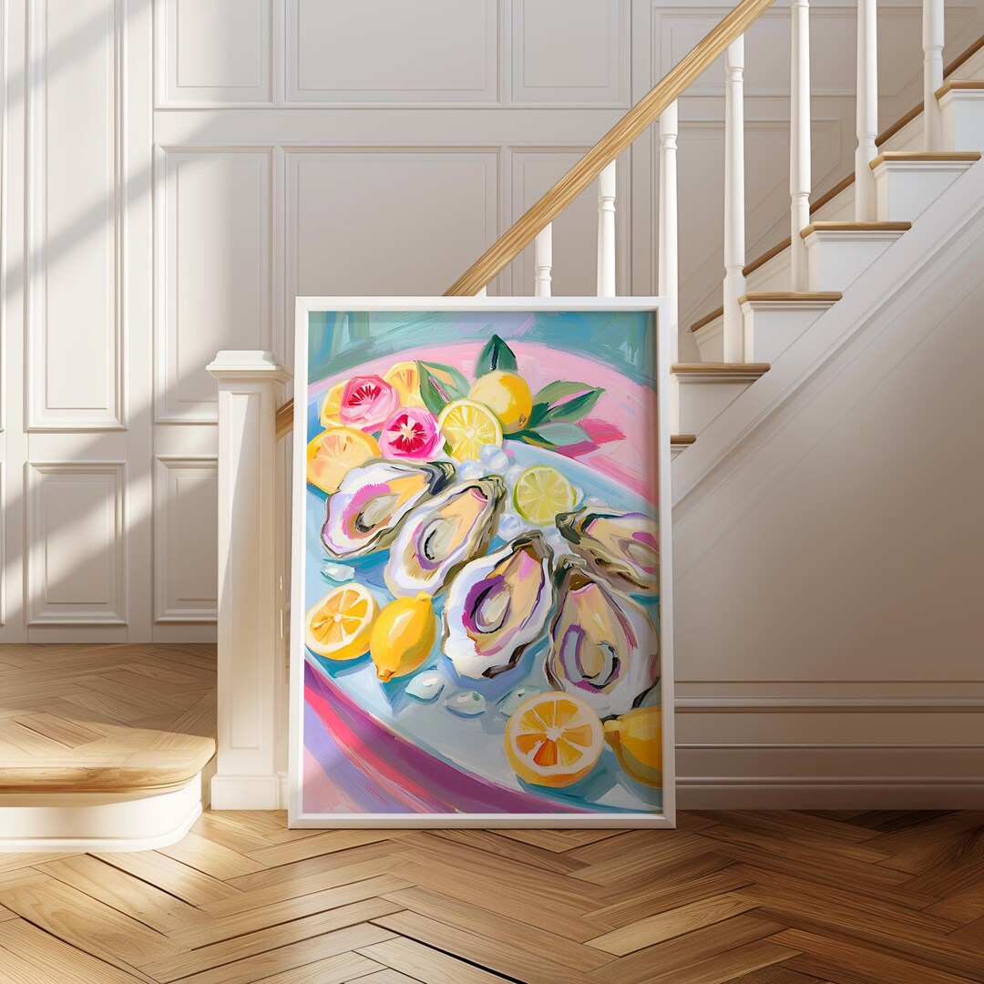 Oyster Shells With Lemons Wall Art, Colorful Coastal Digital Oil ...
