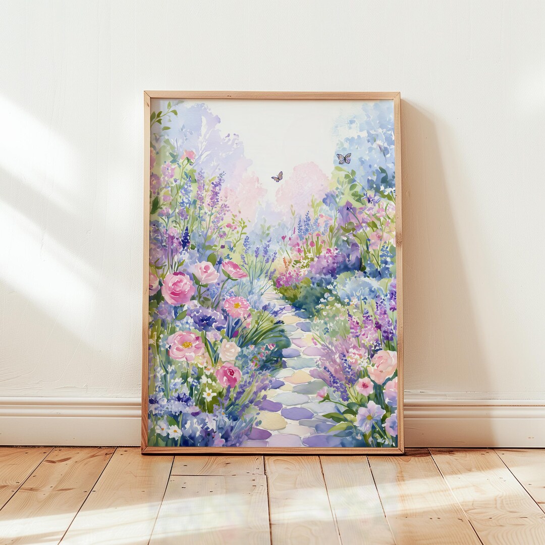 Cottagecore Garden Path Printable, Romantic Watercolor Art, Soft Pastel ...