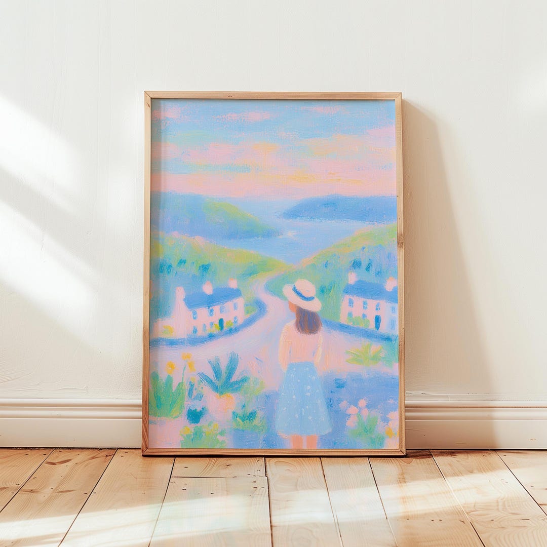 Pastel Countryside Wall Art Printable, Dreamy Coastal Village Landscape ...
