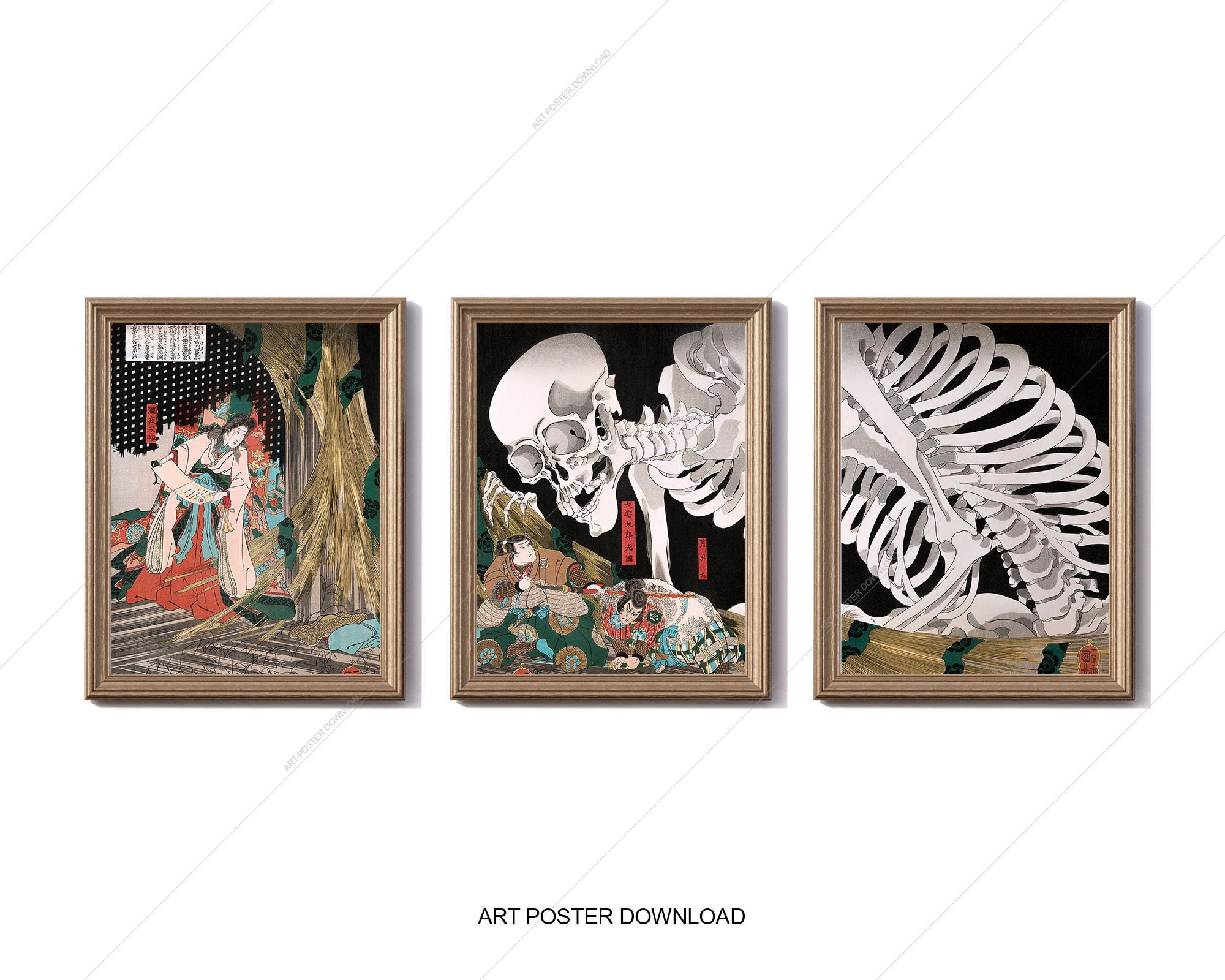 PRINTABLE Wall Art Set of 3 Printable Skeleton Ukiyo-e Poster Japanese ...