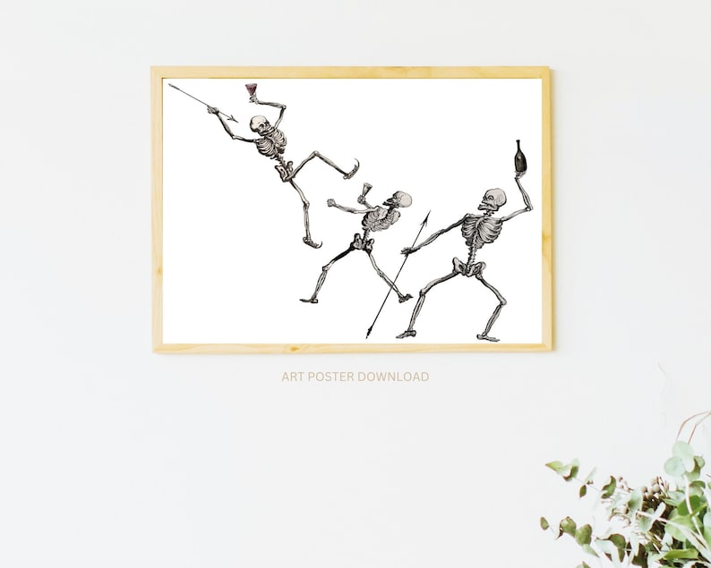 Funny Skeletons Drinking Wine Cheers Print Bar Cart Wall Art Crazy ...