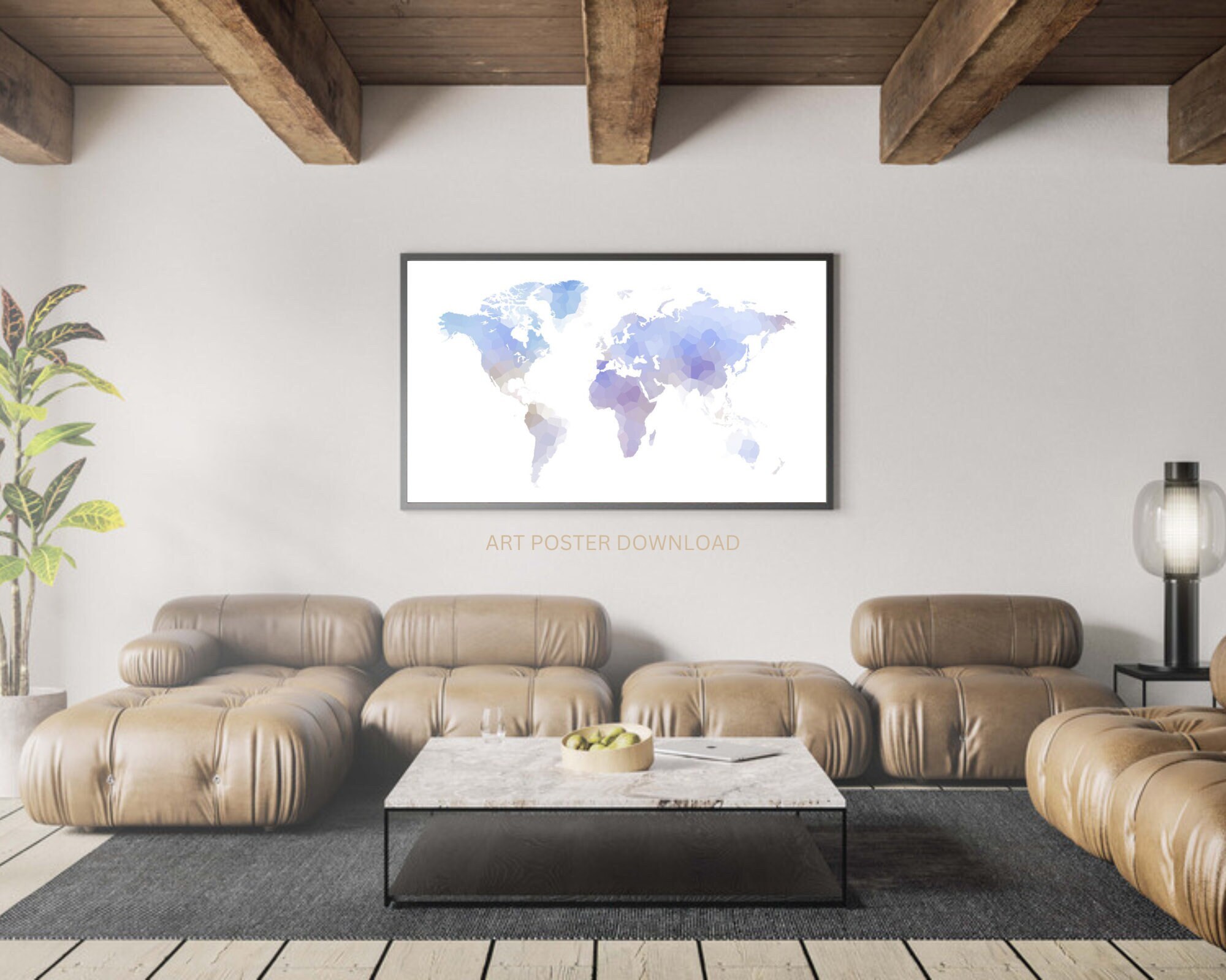 World Map Frame TV Art File, Blue Purple Digital Minimalist Home Wall ...