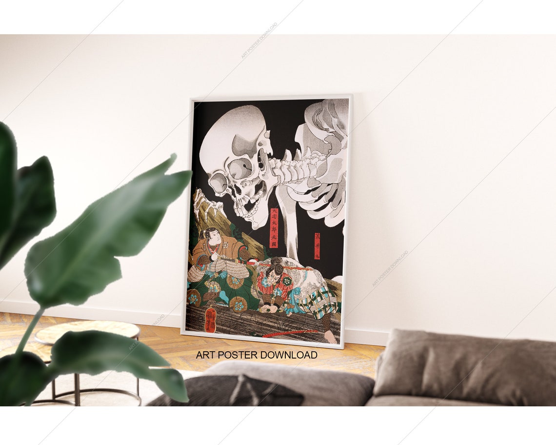 Skeleton Printable Poster, Vintage Japan Ukiyo-e Skull Wall Art Decor ...