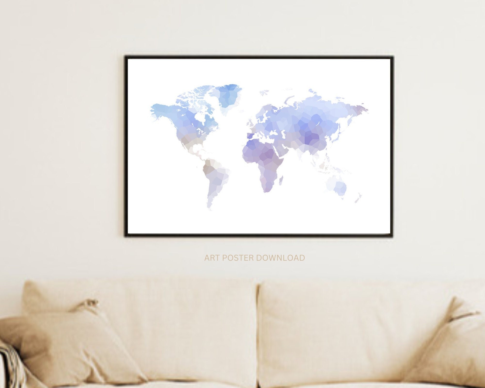 World Map Frame TV Art File, Blue Purple Digital Minimalist Home Wall ...