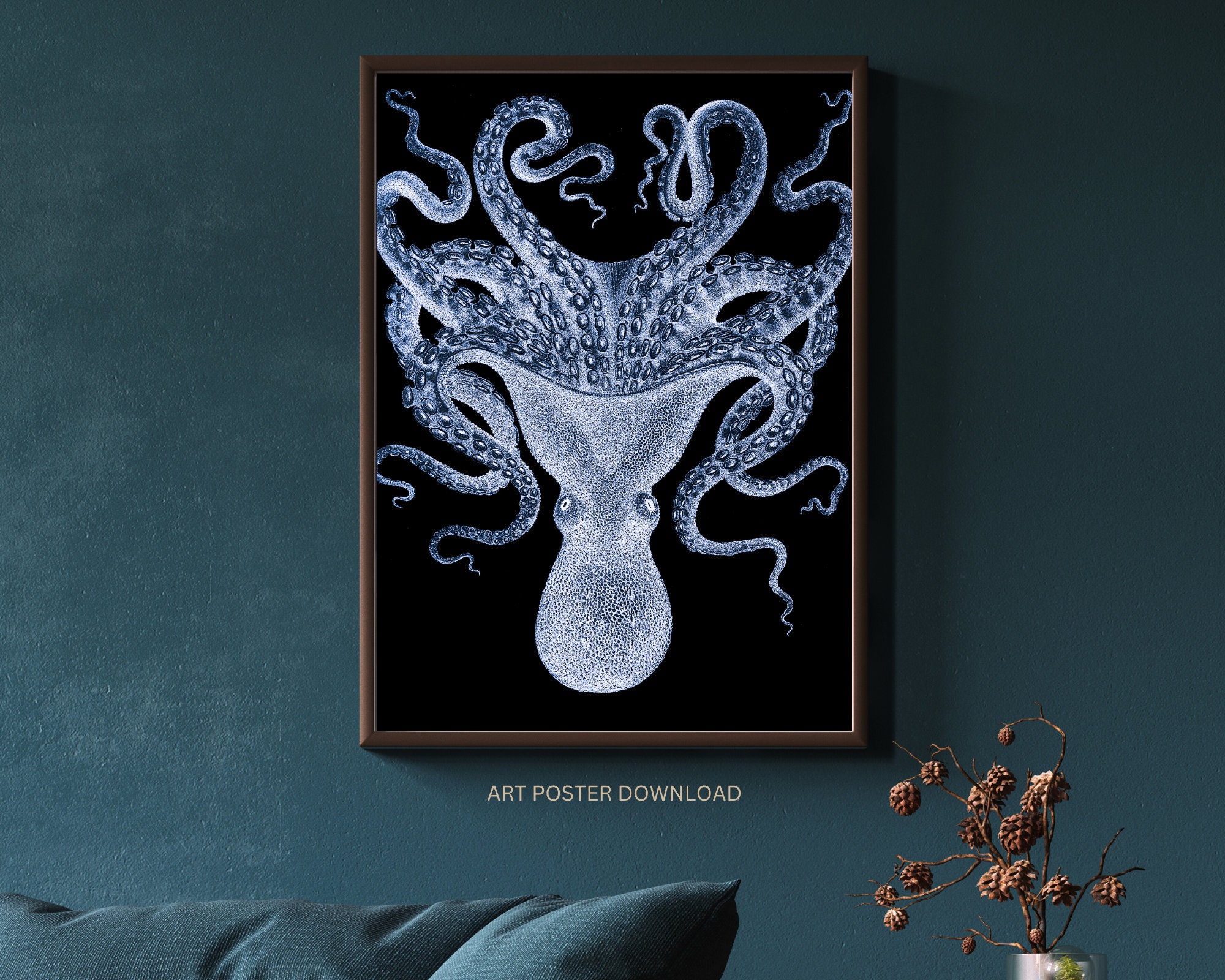 Blue Octopus Vintage Wall Art Poster Printable, X-ray Black Kraken ...