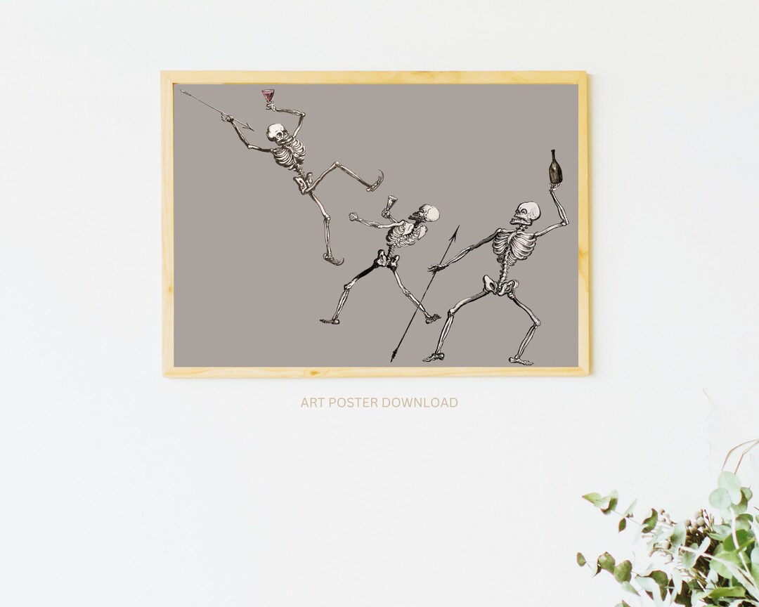 Cheers Print, Funny Skeletons Drinking Wine Bar Cart Wall Art Crazy ...