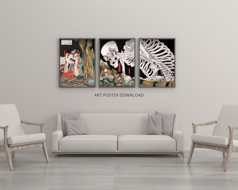 PRINTABLE Wall Art Set of 3 Printable Skeleton Ukiyo-e Poster Japanese ...