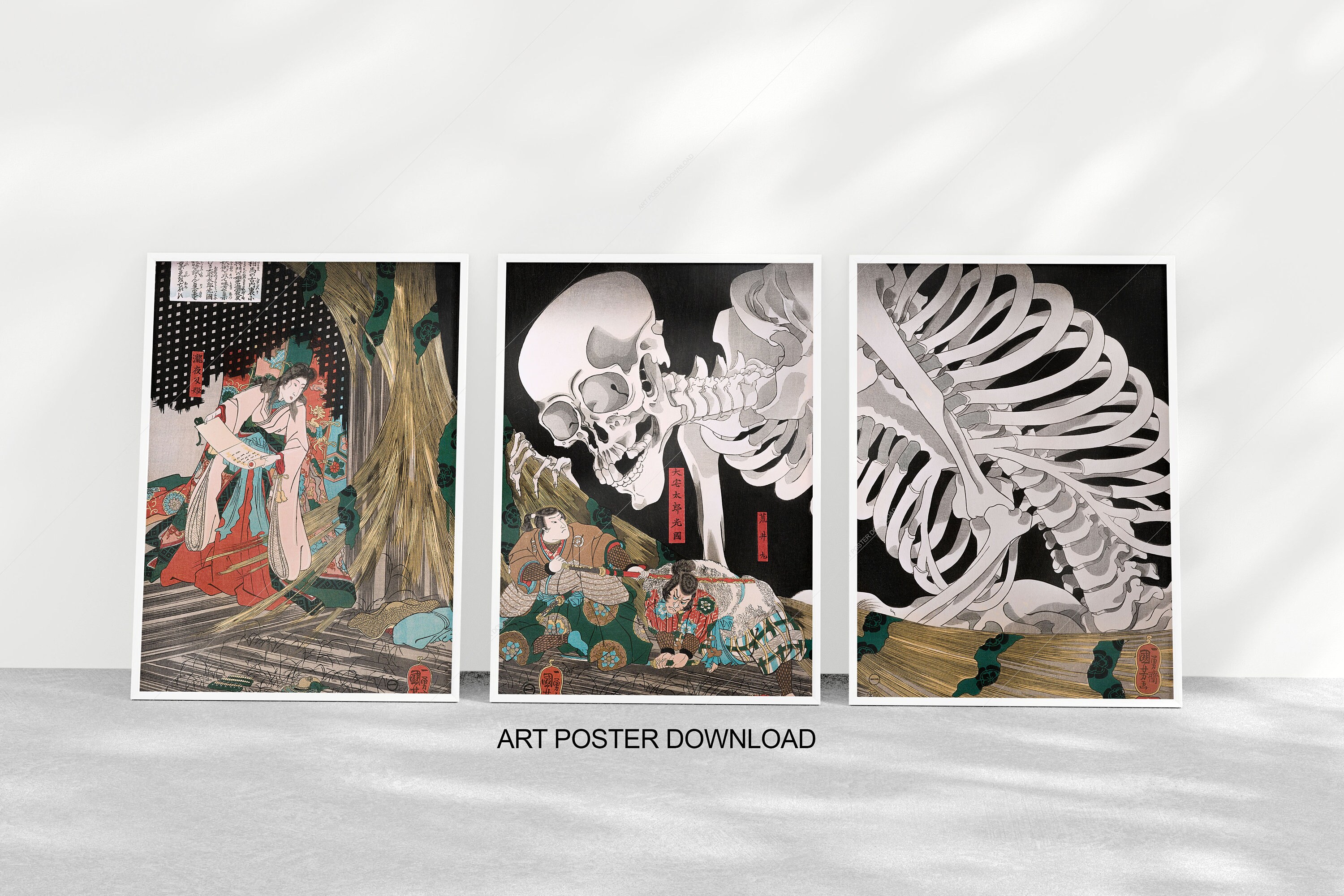 PRINTABLE Wall Art Set of 3 Printable Skeleton Ukiyo-e Poster Japanese ...