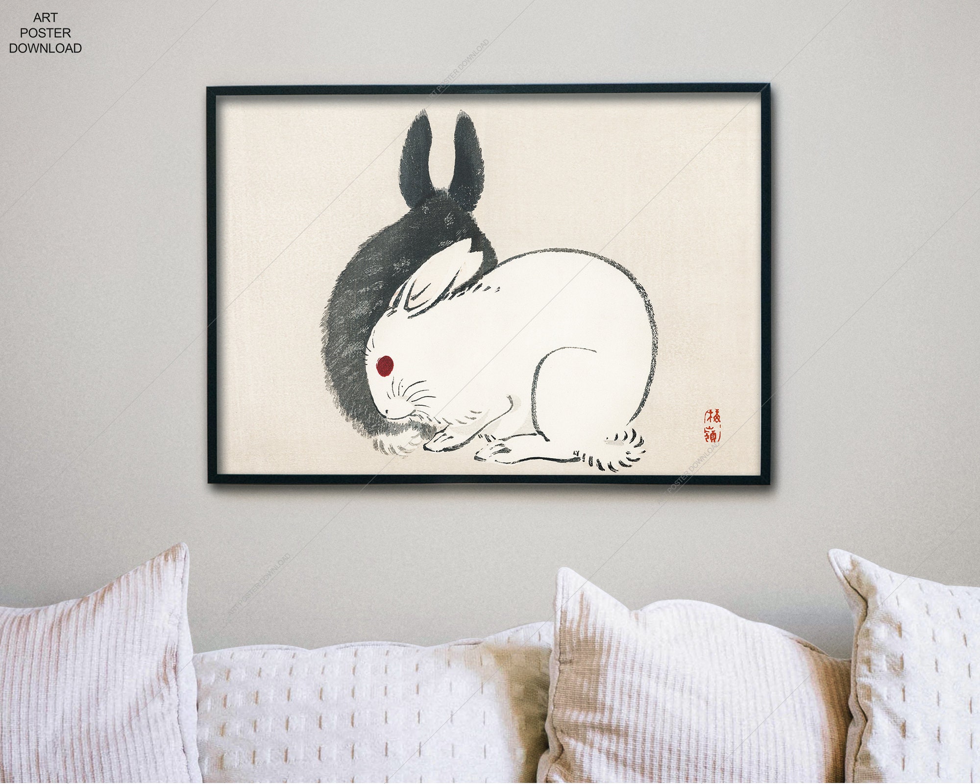 Vintage Japanese Rabbit Painting Digital Printable, Black N White ...