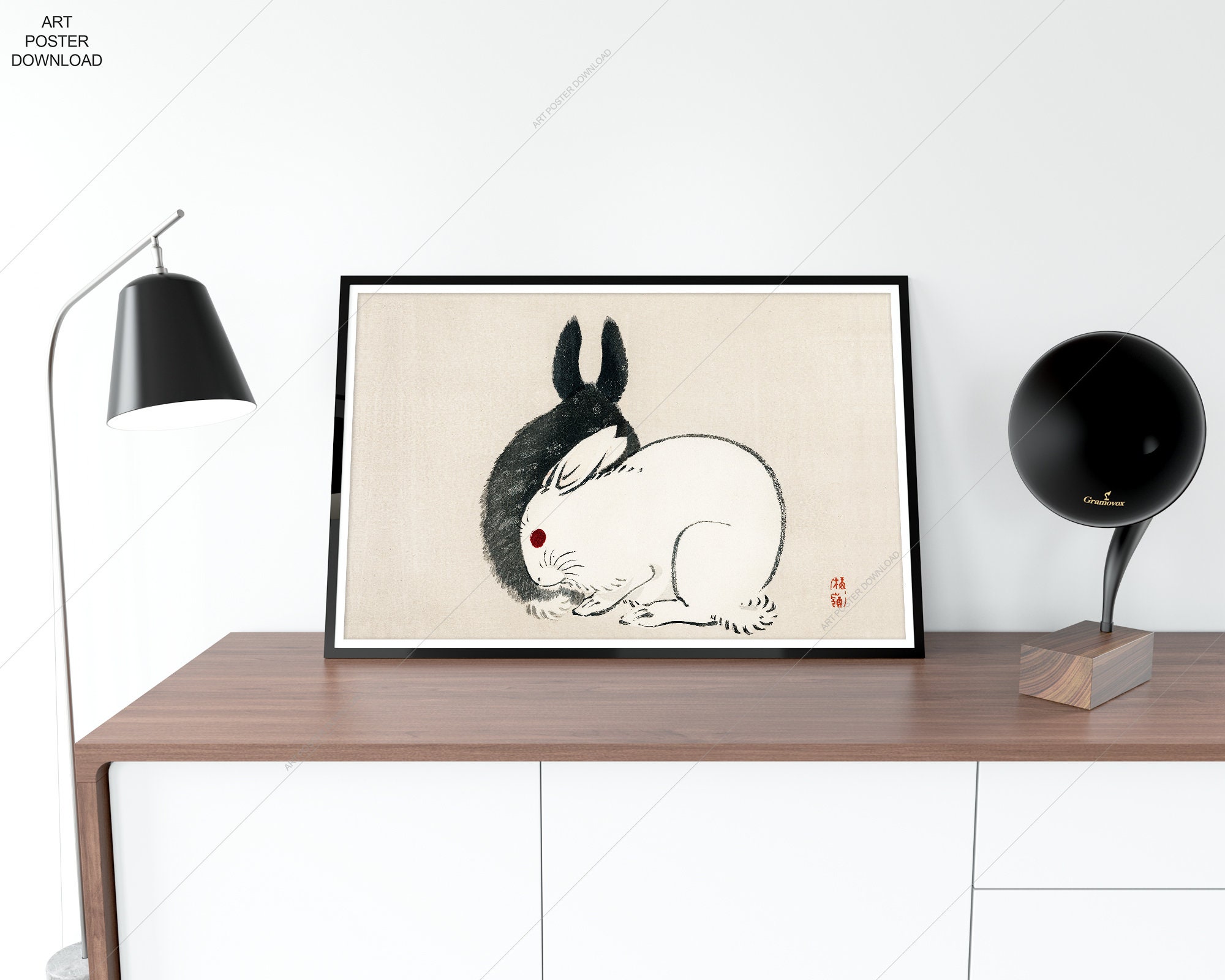 Vintage Japanese Rabbit Painting Digital Printable, Black N White ...
