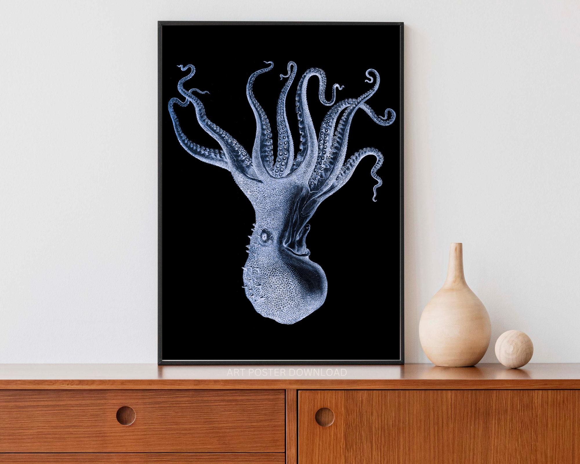 Octopus Vintage Art Poster Printable Blue Black Kraken - Etsy