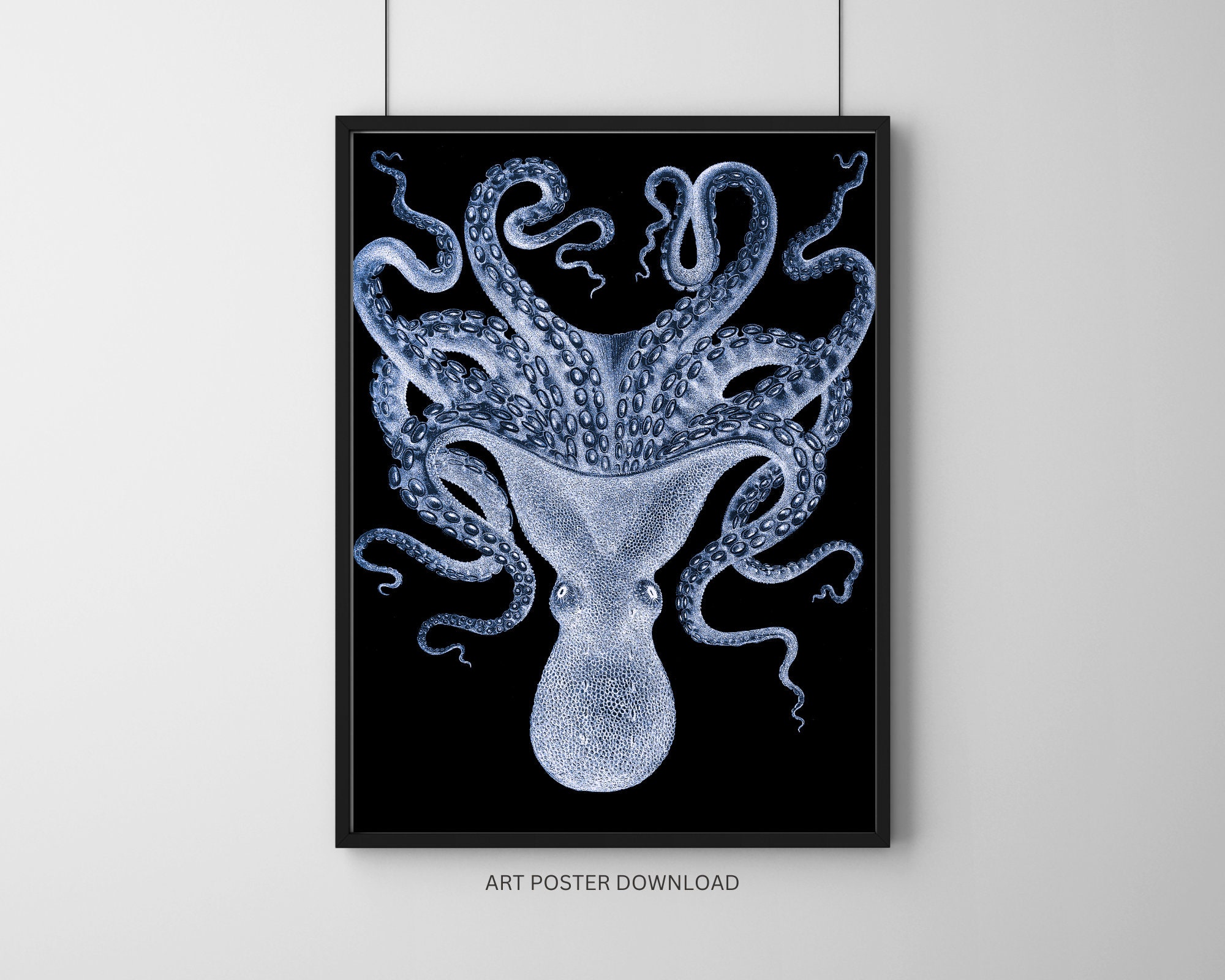 Blue Octopus Vintage Wall Art Poster Printable, X-ray Black Kraken ...