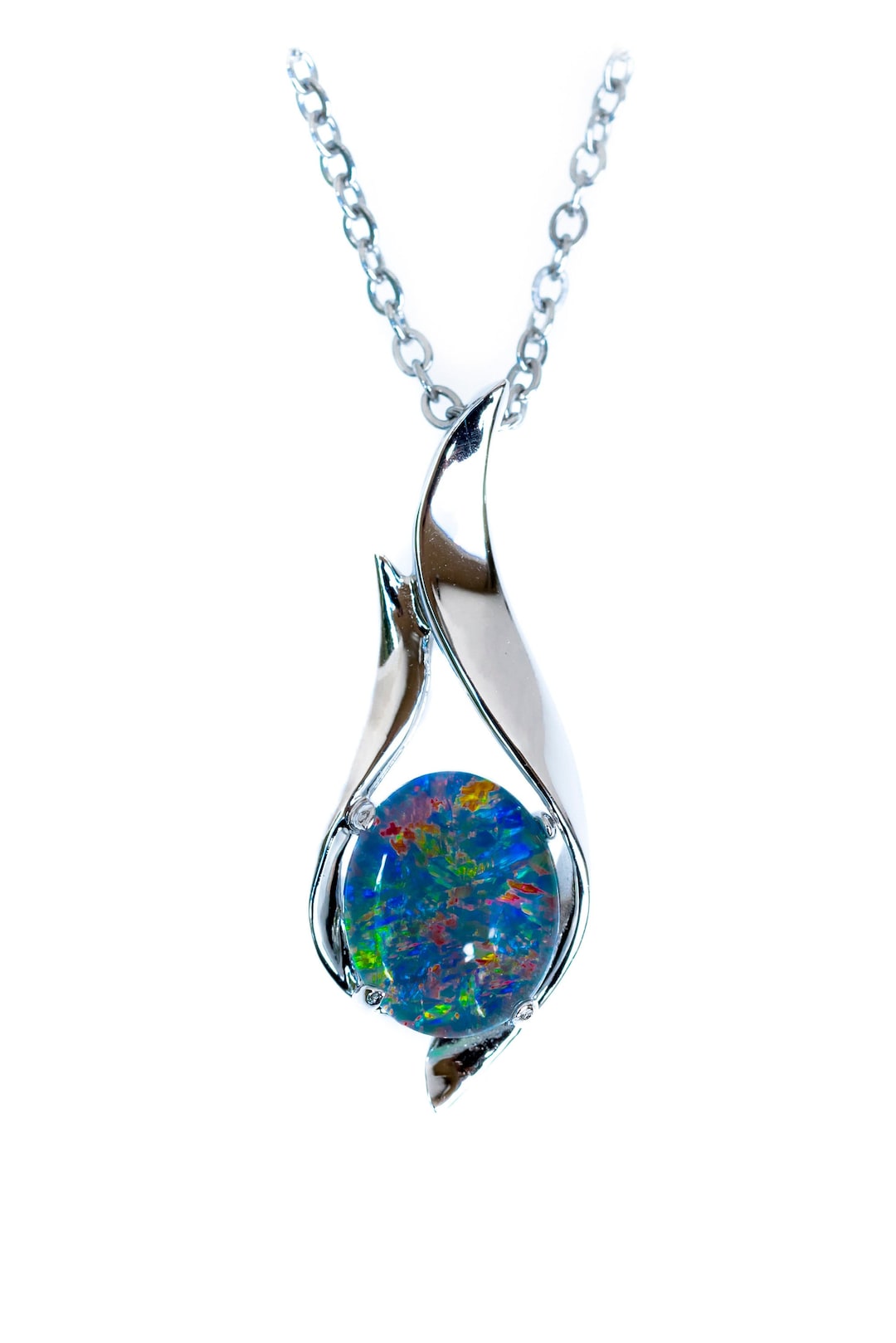 Australian Black Opal Triplet Necklace: White Gold Plated Sterling ...