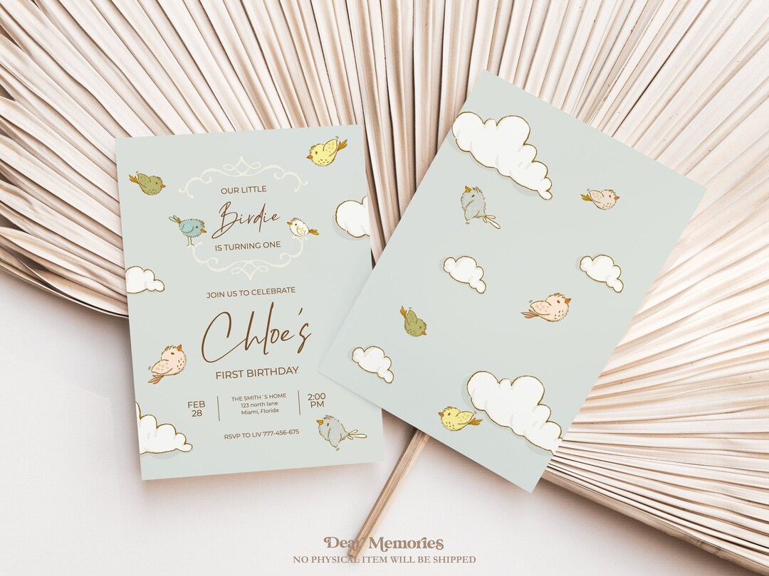 Birds Birthday Invitation, Birds Theme Party, Neutral Birds Birthday ...
