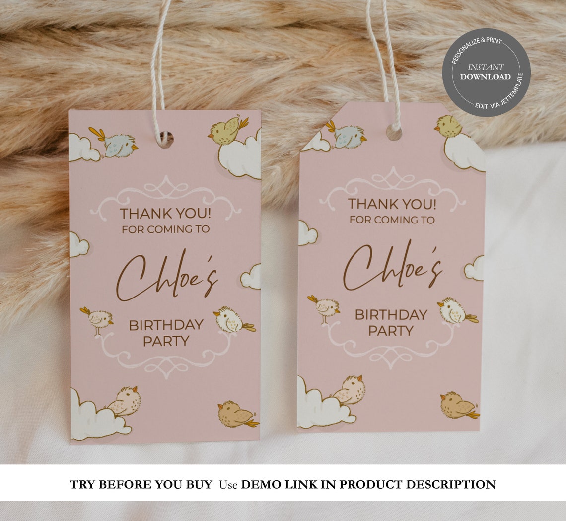 Pink Birds Birthday Thank You Tags, Birds Party Favor Tags, Birds Theme ...