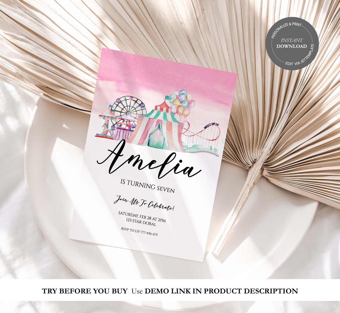 Girl Amusement Park Birthday Invitation, Theme Park Birthday Party ...