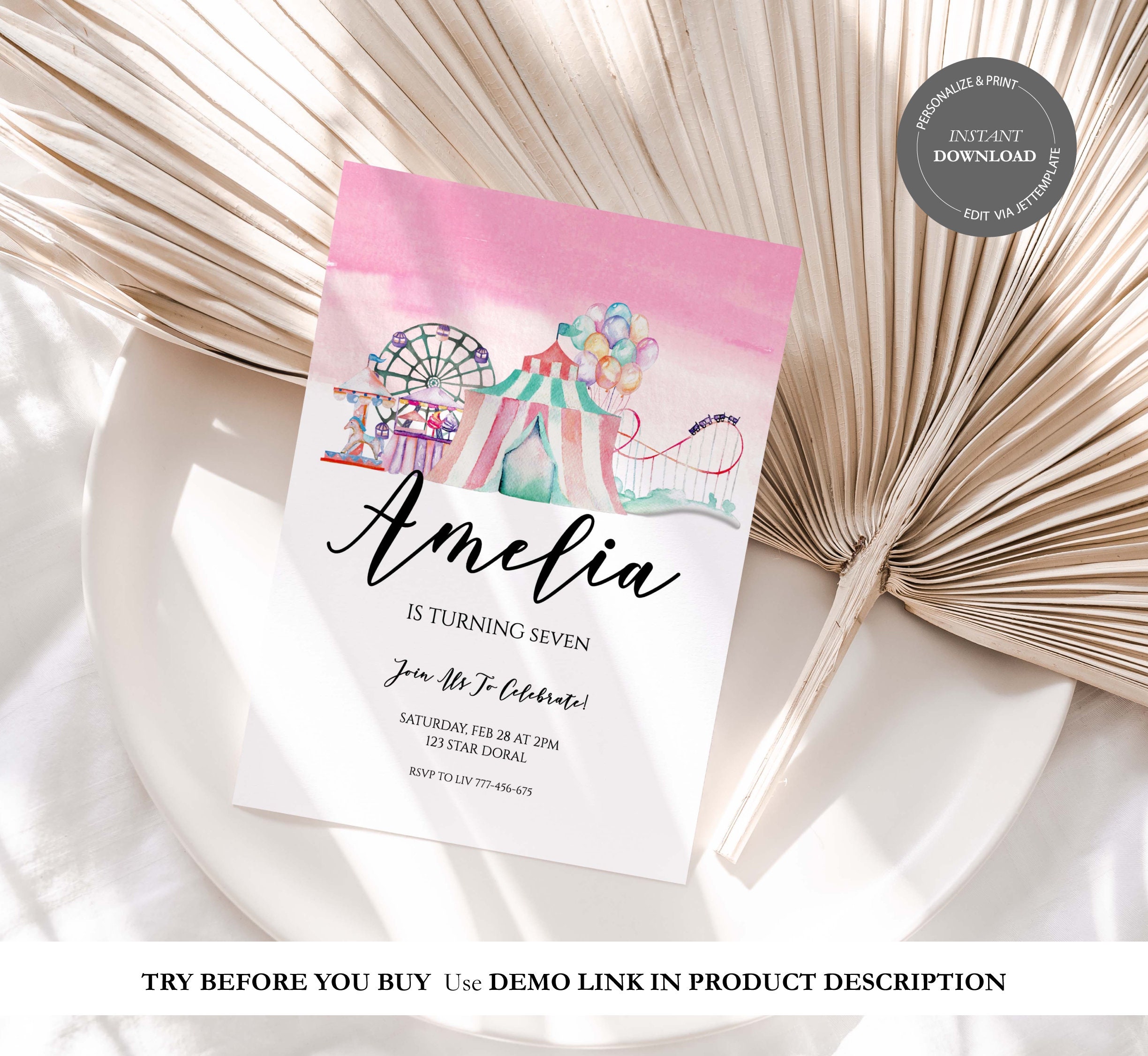 Girl Amusement Park Birthday Invitation, Theme Park Birthday Party ...