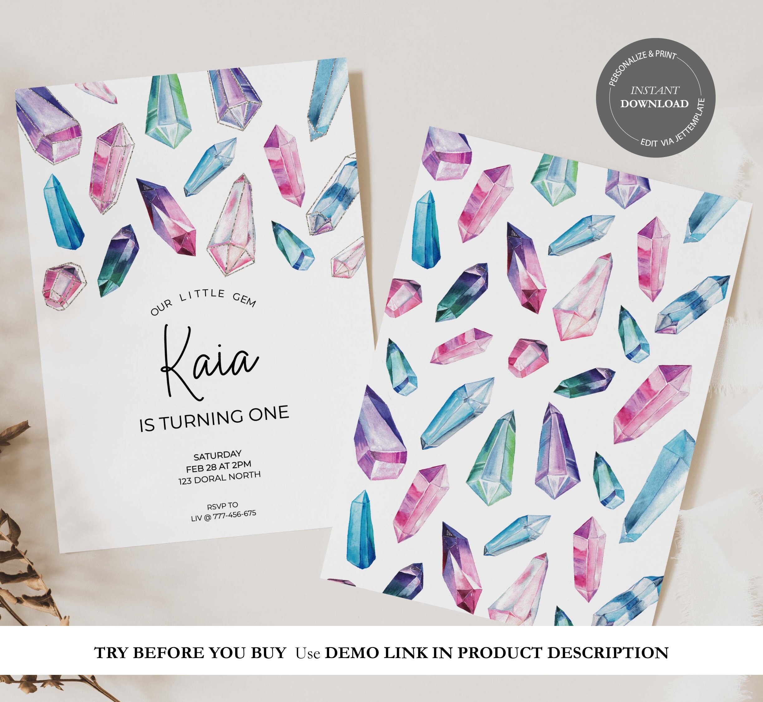 Gems Birthday Invitation, Crystal Party Invite, Gemstones Invite, Geode ...