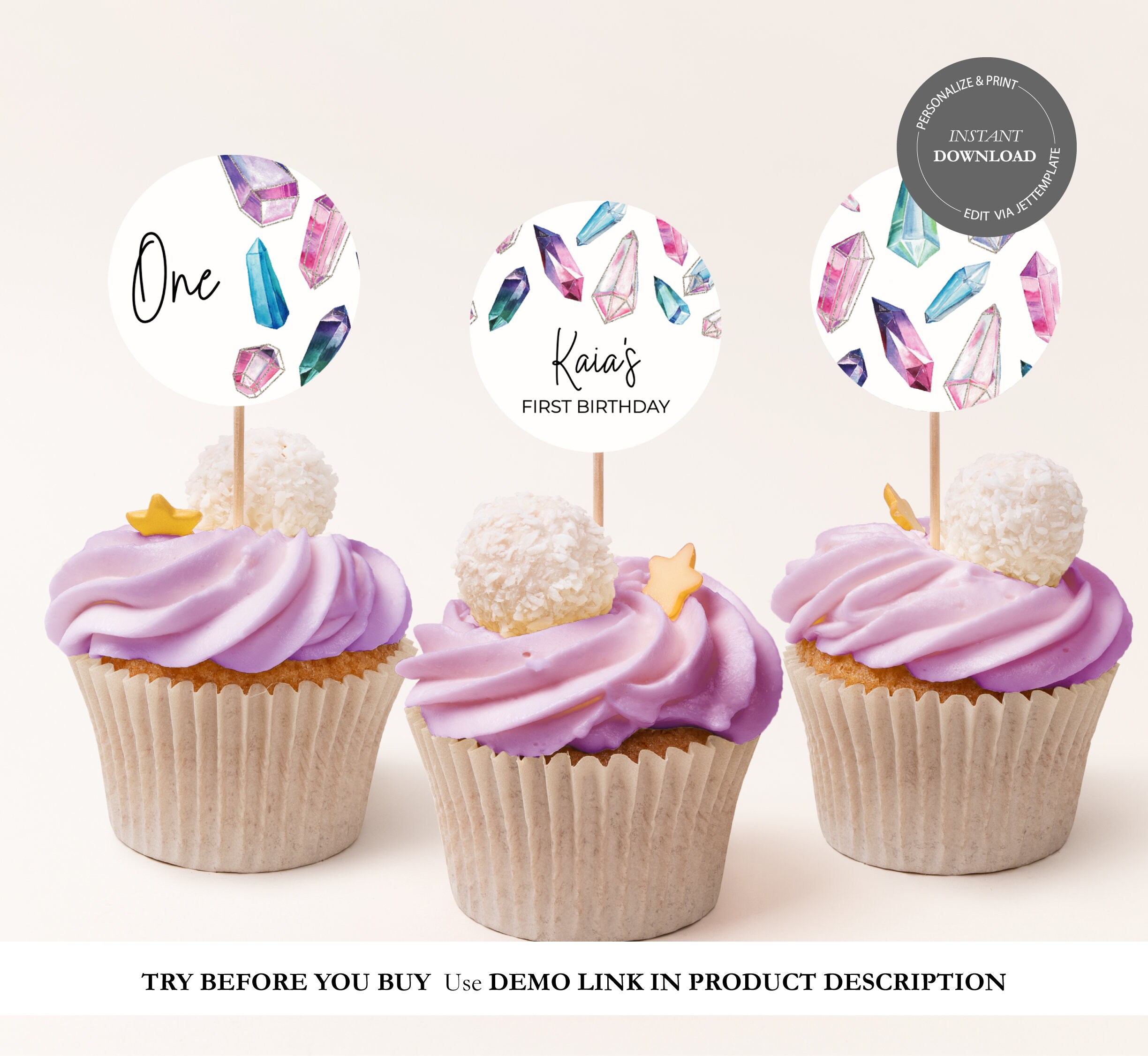 Gems Birthday Cupcake Toppers, Crystal Party Decorations, Gemstones ...