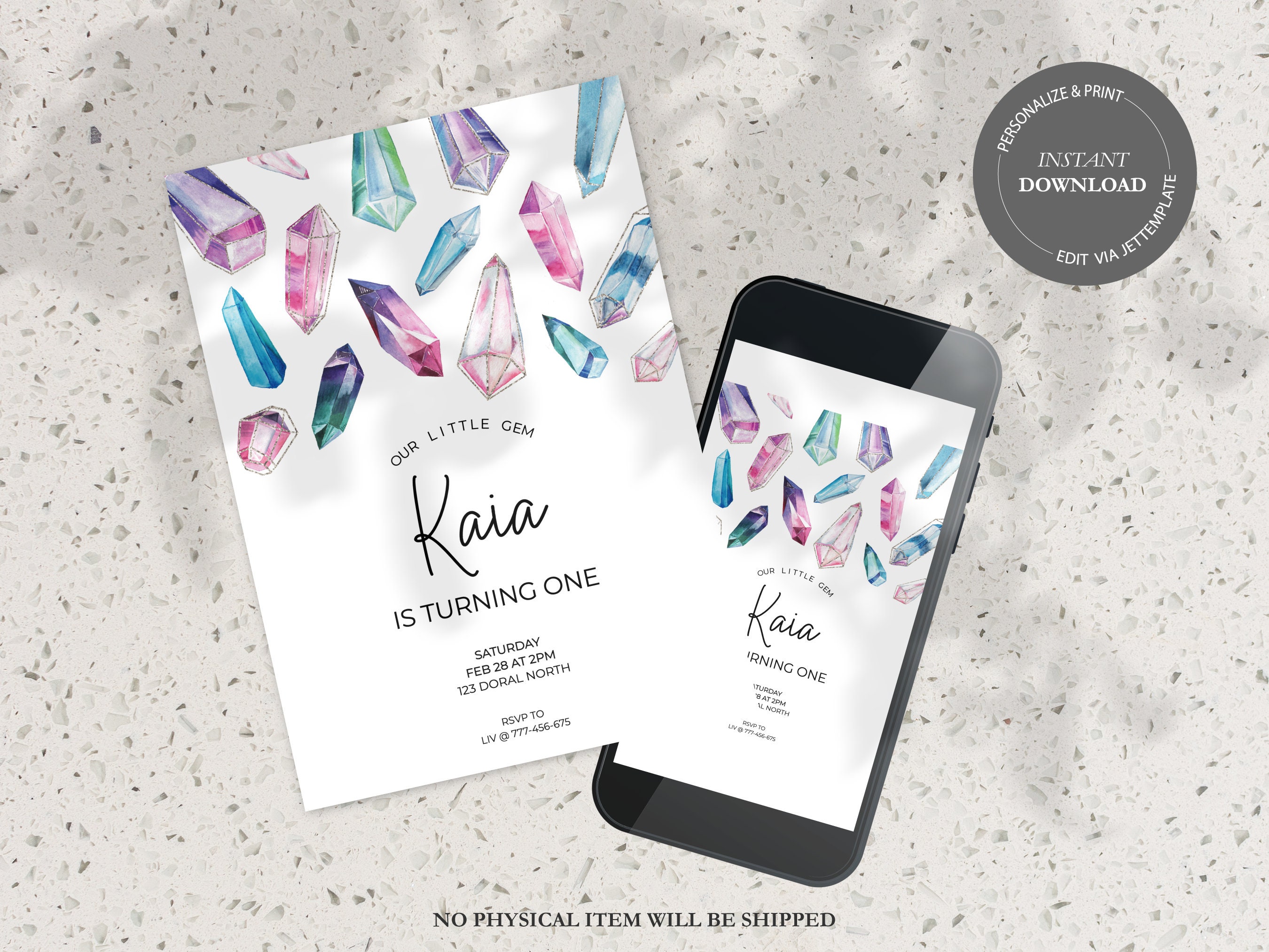 Gems Birthday Invitation, Crystal Party Invite, Gemstones Invite, Geode ...