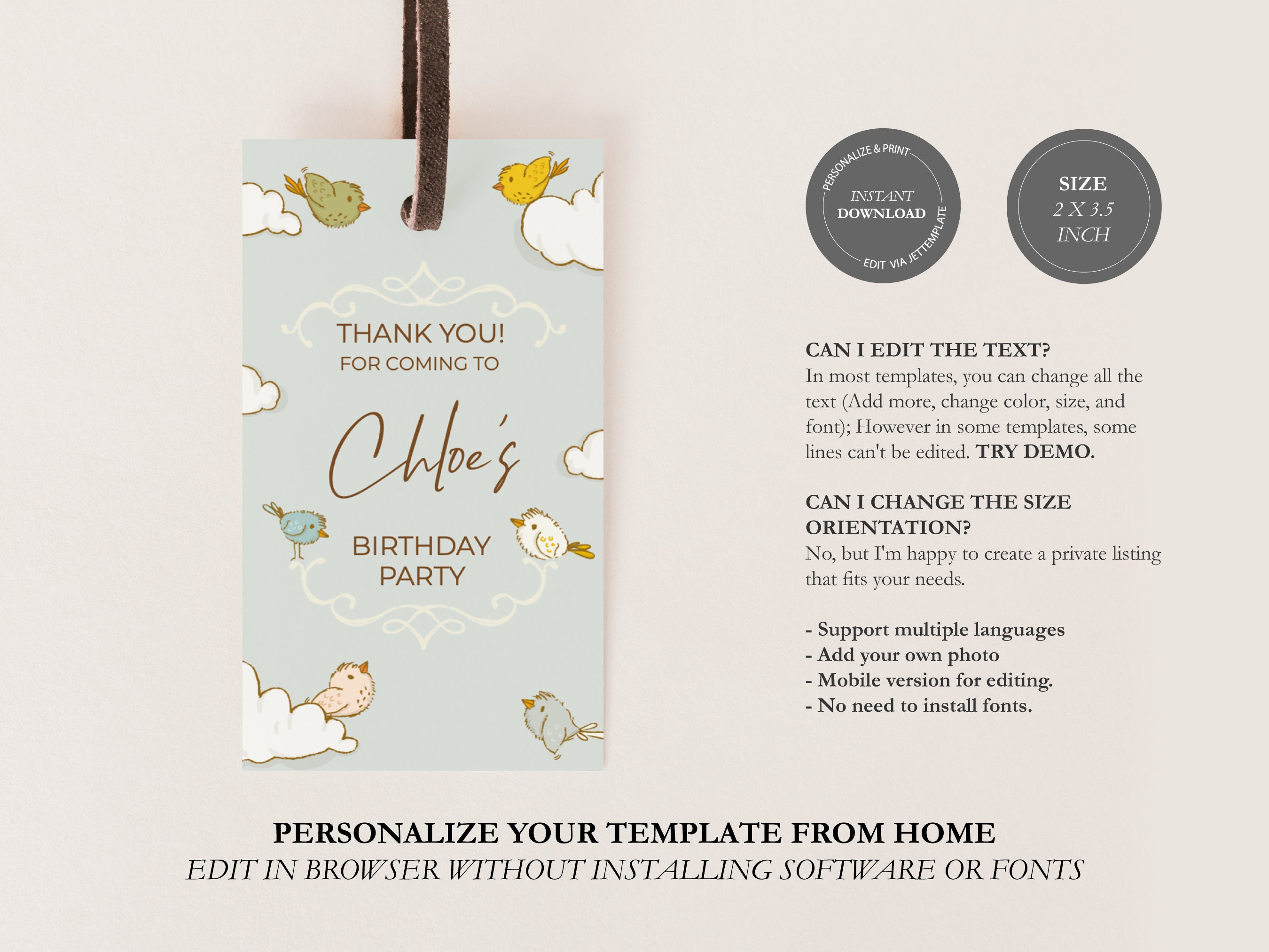 Birds Birthday Thank You Tags, Birds Party Favor Tags, Birds Theme ...