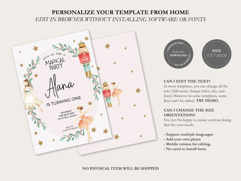 Nutcracker Birthday Invitation, Christmas Ballet Invite, Girl ...