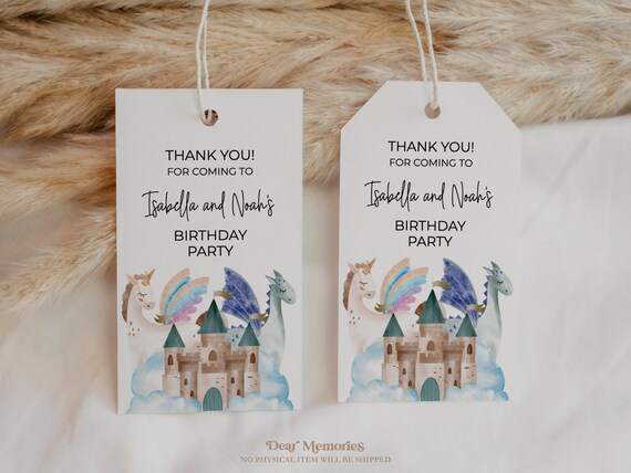 Unicorn and Dragon Birthday Thank You Tags Dragons and - Etsy