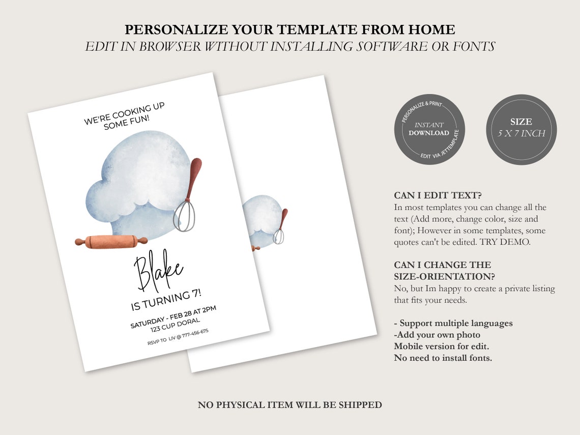 Chef Hat Birthday Party Invitation Cooking Party Birthday | Etsy