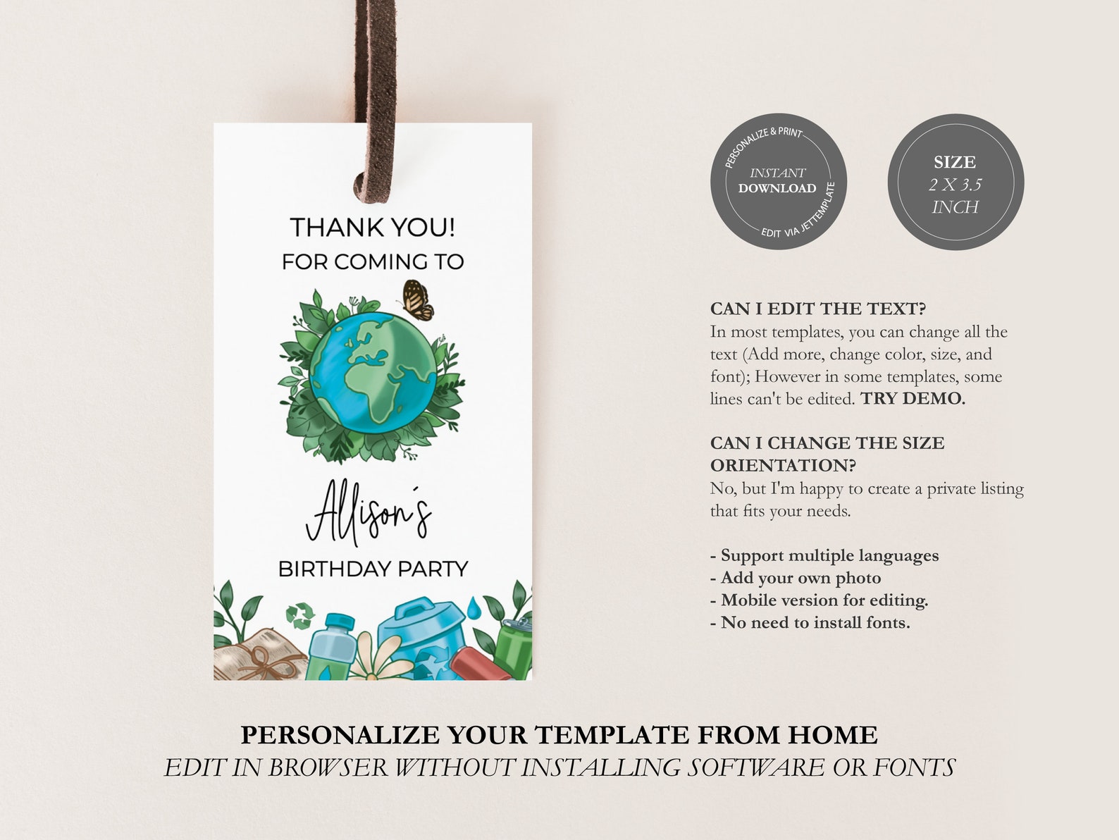 Earth Day Birthday Thank You Tags, Earth Day Party Favor Tags, Earth ...